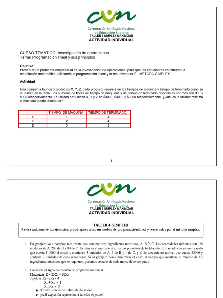 Taller 2 Simplex PDF | Descargar gratis PDF | Programación lineal