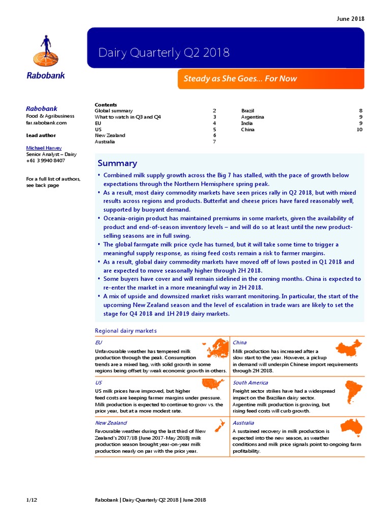 Rabobank Dairy Quarterly Q2 2018 | PDF | Dairy | Milk
