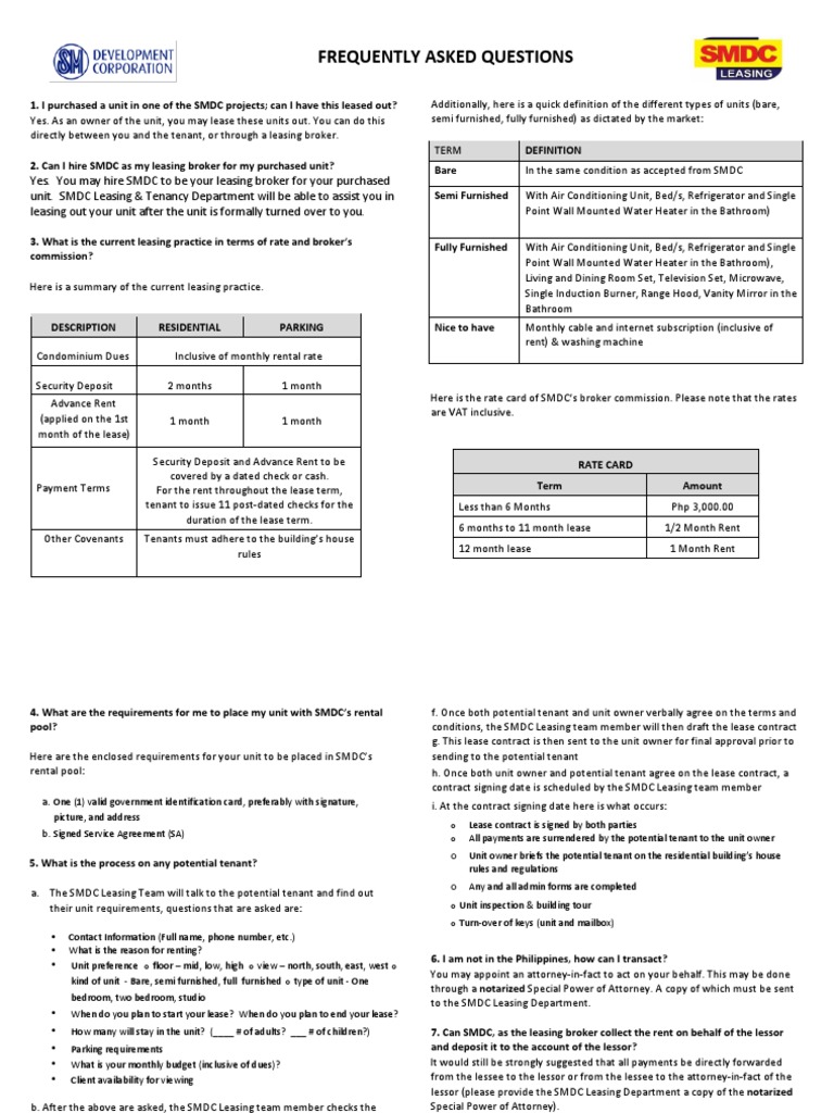2017 SMDC Leasing Faqs | PDF | Lease | Leasehold Estate