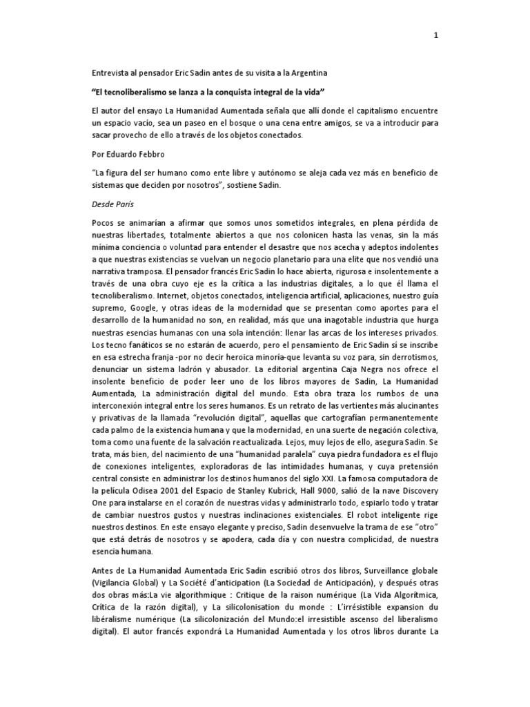 Entrevista Al Pensador Eric Sadin PDF | PDF | Homo Sapiens | Vida