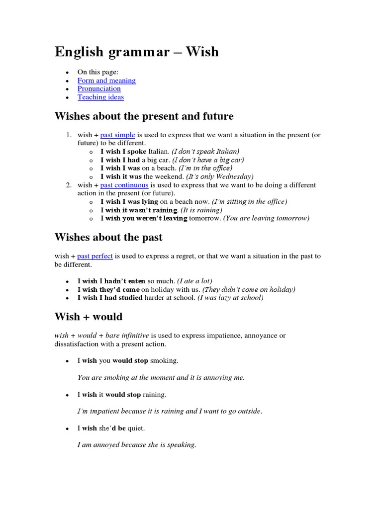 English Grammar - Wish: Wishes About The Present and Future | PDF