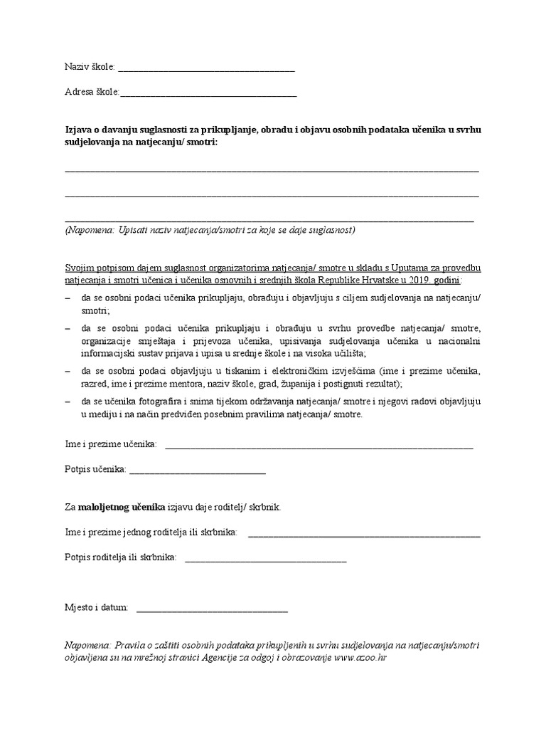 Izjava o Davanju Suglasnosti Za Ucenika | PDF