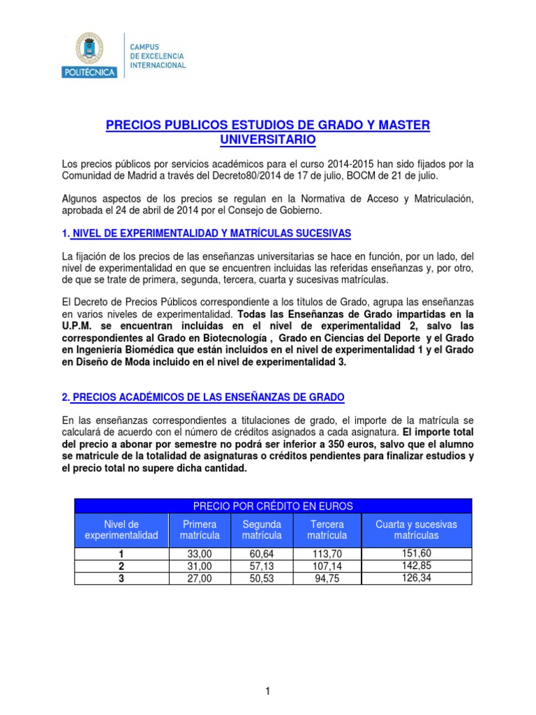 Precios Publicos de Grado Upm | PDF | Licenciatura | Doctorado