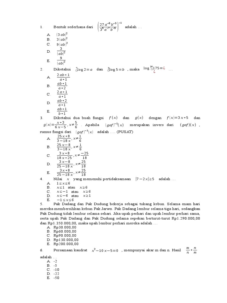 Soal USBN Matematika Wajib 2019 | PDF