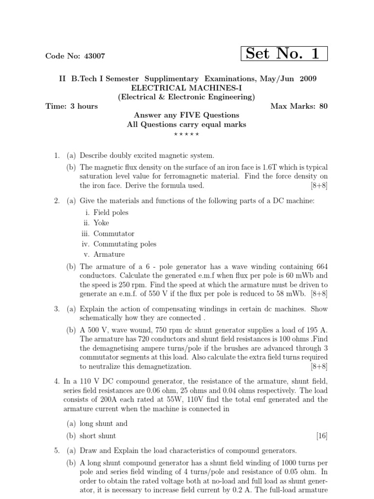 Electrical Machines I Exam Questions 2009 | PDF | Electric Generator ...