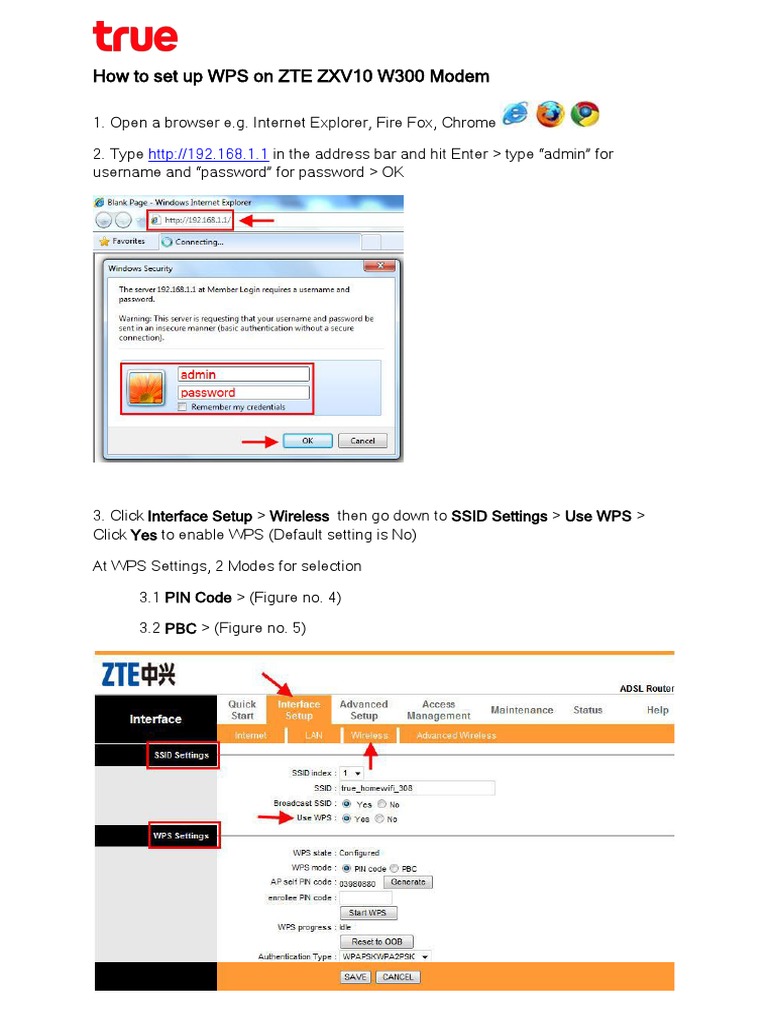 How To Set Up WPS On ZTE ZXV10 W300 Modem | PDF