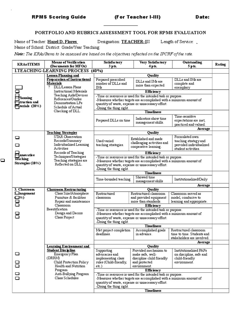 Portfolio and Rubrics Assessment Tool For Rpms Evaluation: RPMS Scoring ...