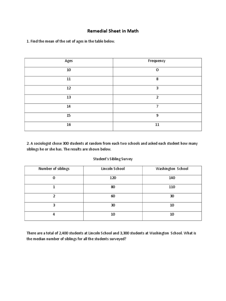 Remedial Sheet | PDF | Mode (Statistics) | Median