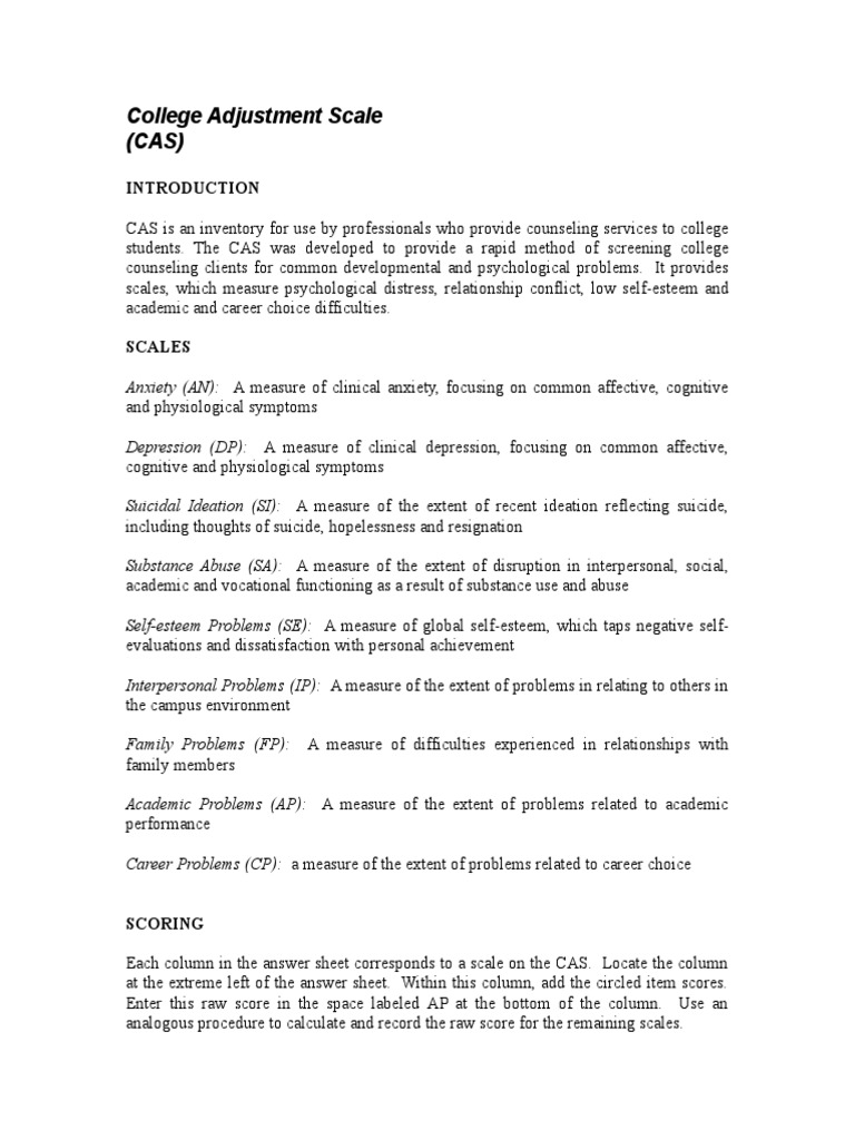 College Adjustment Scale (CAS) | PDF | Substance Abuse | Anxiety