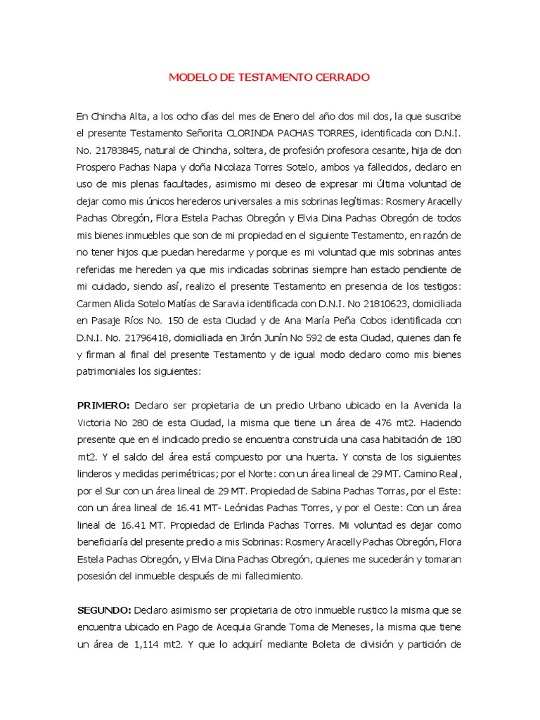 Modelo de Testamento Cerrado | PDF | Voluntad y testamento