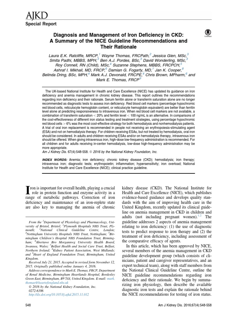 Special Report Diagnosis and Management of Iron Deficiency in CKD: A ...