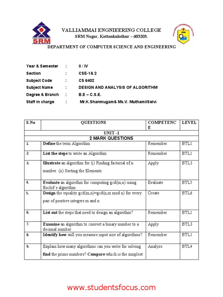 CS6402-Design and Analysis of Algorithms - 2013 - Regulation PDF | PDF | Algorithms ...