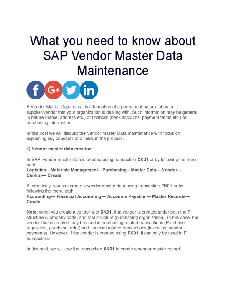 SAP Vendor Master Data Maintenance: What You Need to Know | PDF | Payments | Accounts Payable