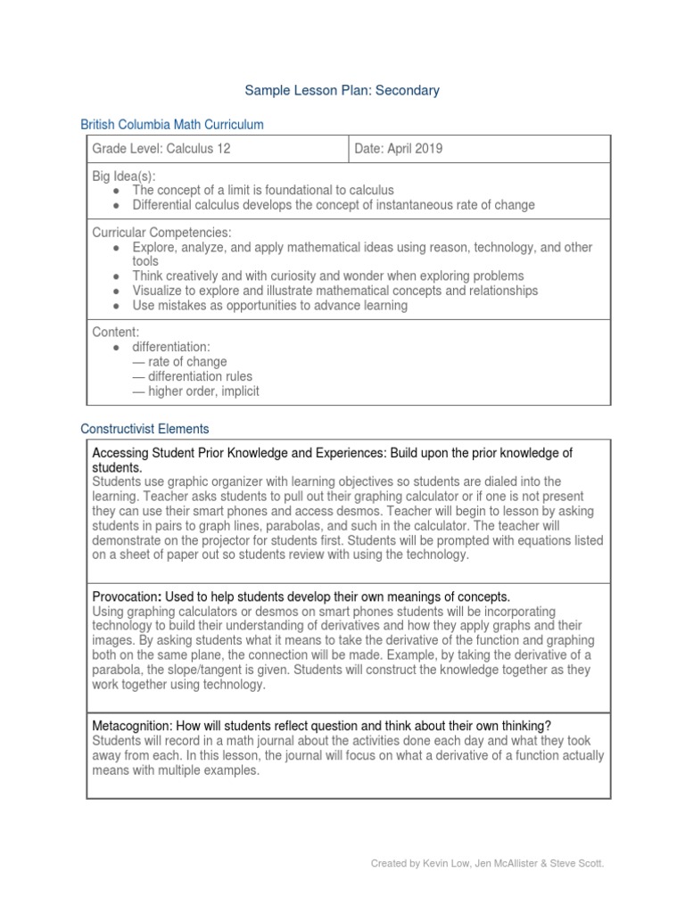 Lesson Plan Framework Mathematics Secondary Calculus 12 | PDF ...