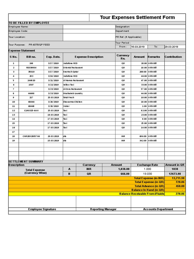 Tour Expenses Settlement Form | PDF | International Finance | Foreign ...