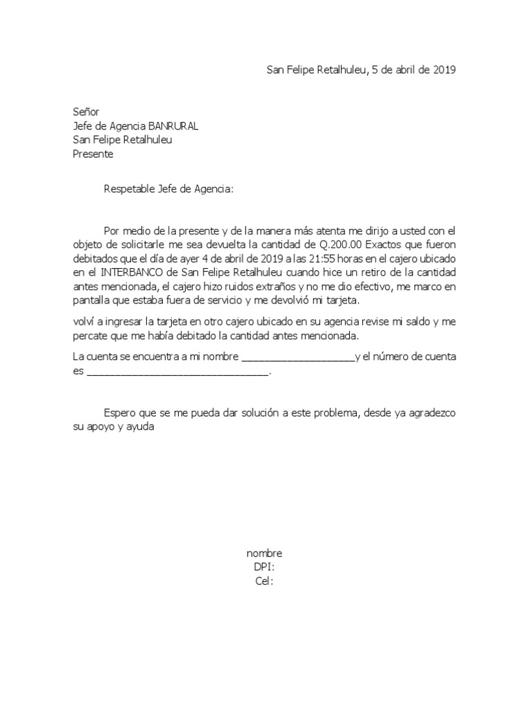 Carta de Solicitud de Reintegro de Dinero Del Cajero 5b | PDF | Crecimiento personal y ...
