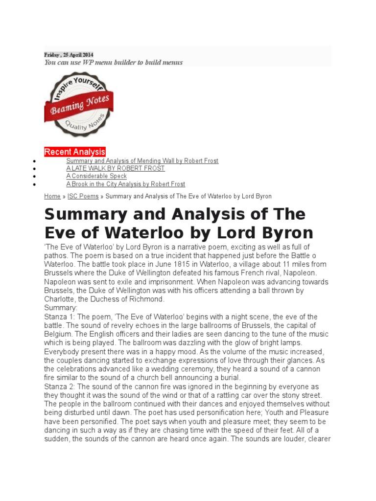 Summary and Analysis of The Eve of Waterloo by Lord Byron | PDF ...