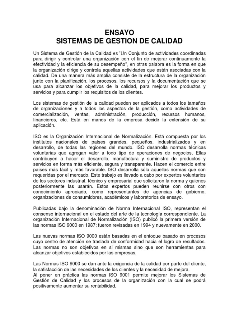 Ensayo Sistemas de Gestion de Calidad | PDF | Análisis de Riesgo y Puntos Críticos de Control ...