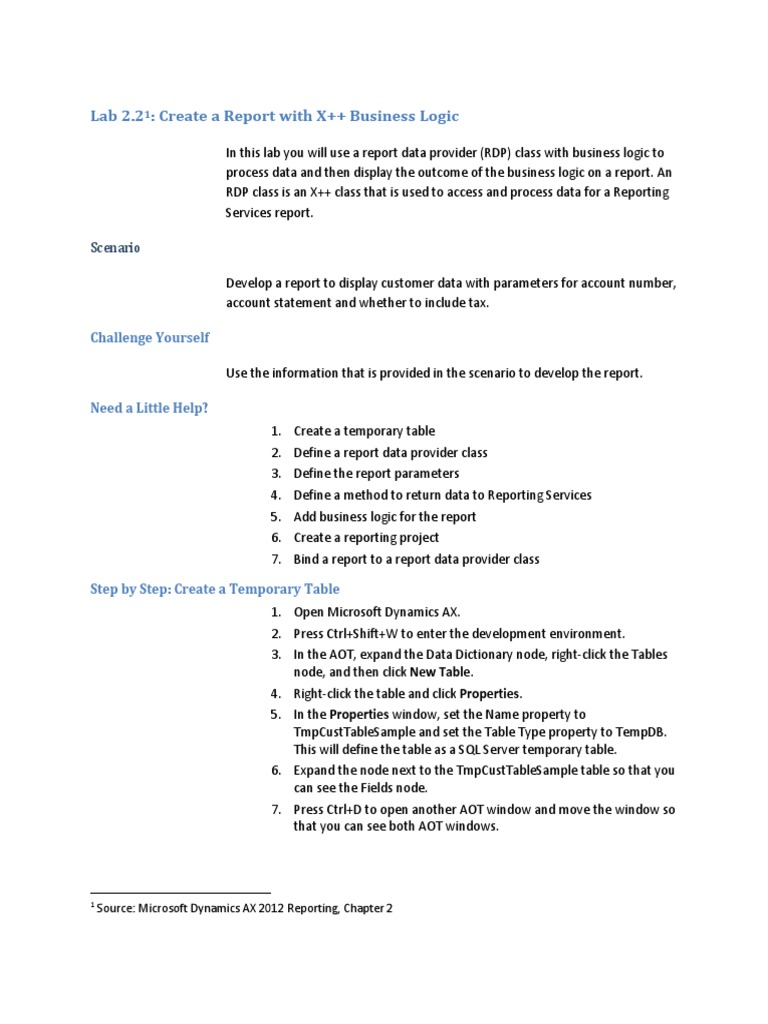 Lab 2.2: Create A Report With X++ Business Logic: Scenario | PDF ...
