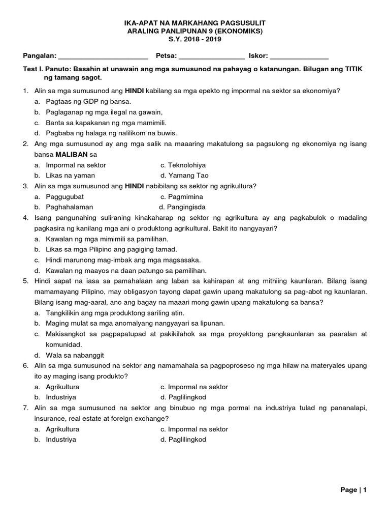 4TH Periodical Test Grade 9 | PDF