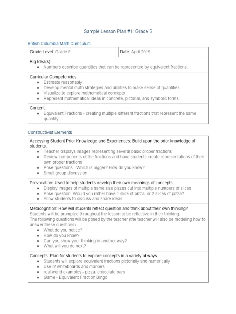 Sample Lesson Plan 1 Grade 5 Mathematics 1 | PDF | Teaching Mathematics ...