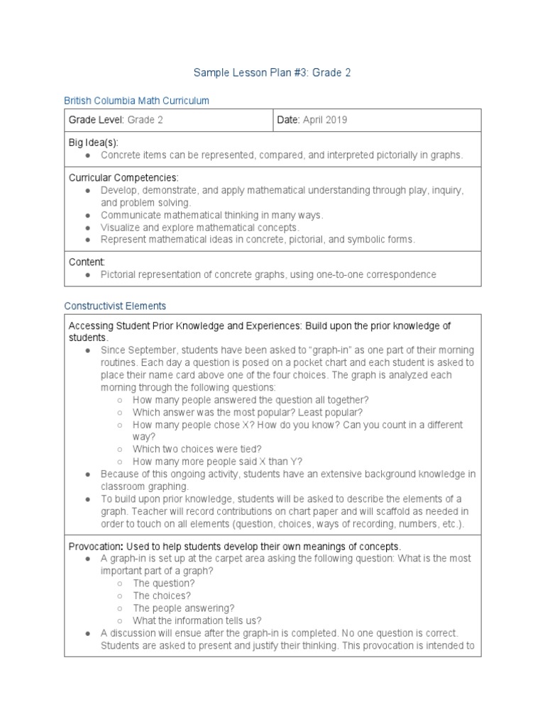 Sample Lesson Plan #3: Grade 2: Grade Level: Date: Big Idea(s) | PDF ...