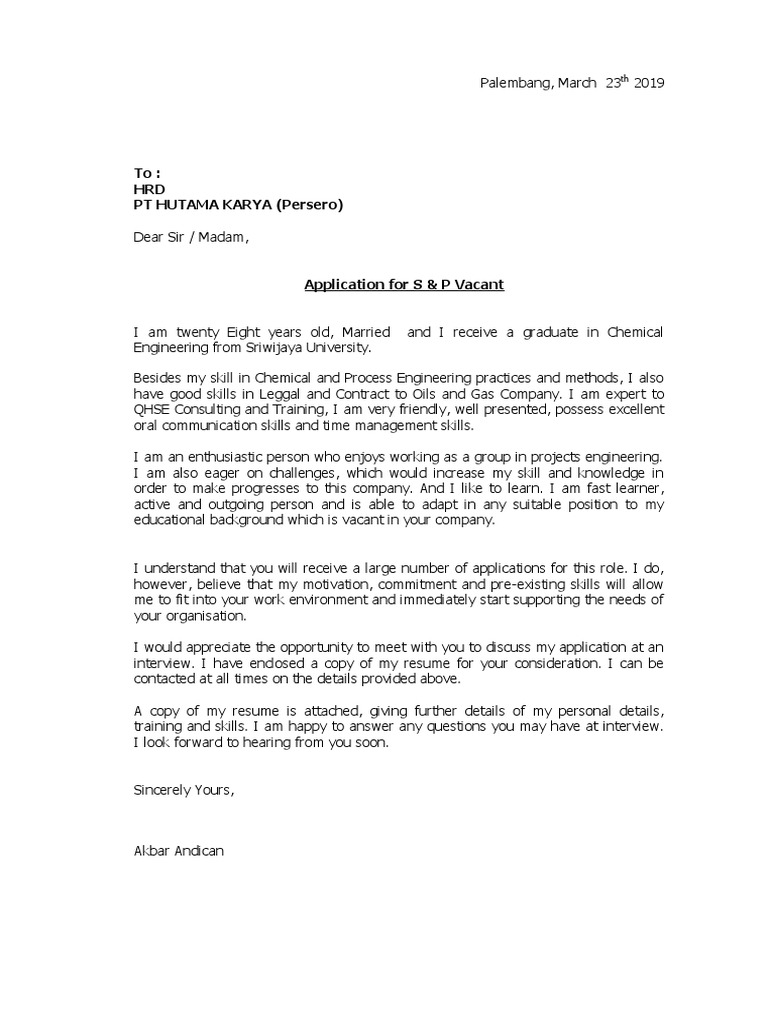 Application Letter Akbar Andican To PT Hutama Karya | PDF