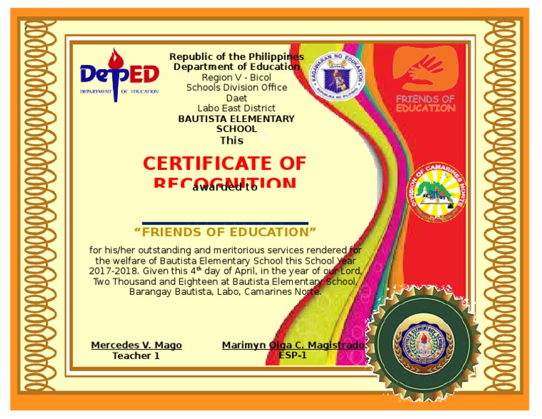 Friends of Education Recognition Certificate | PDF