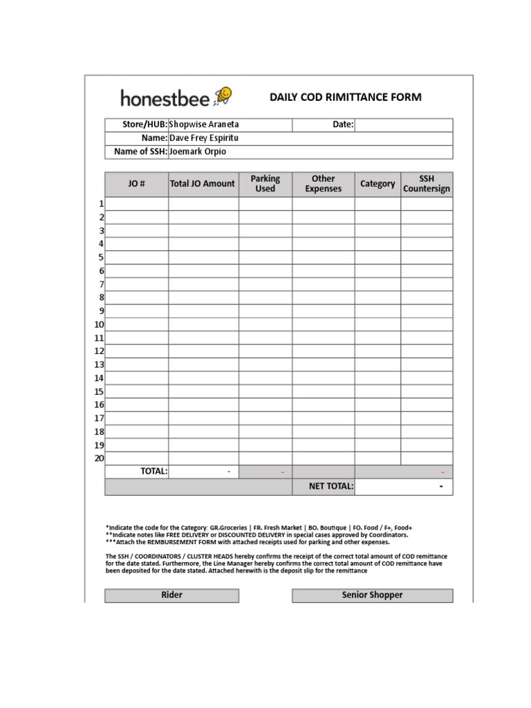Daily COD Remittance Form | PDF | Trade | Retailing