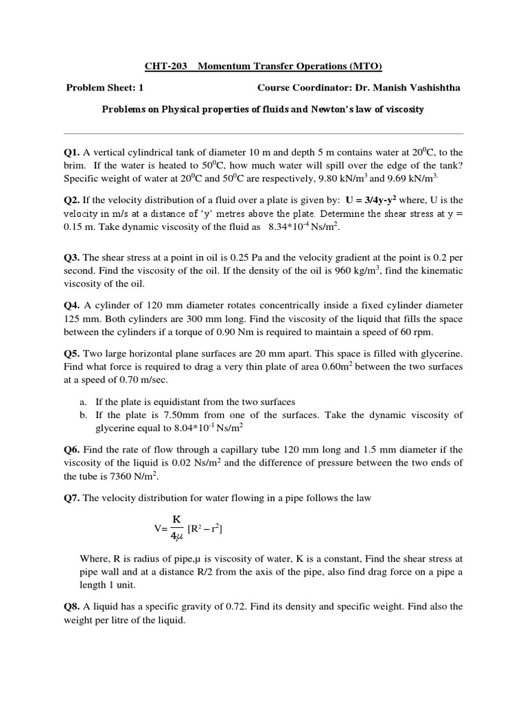 Mto Problem Sheets 1 2 3 | PDF | Viscosity | Shear Stress