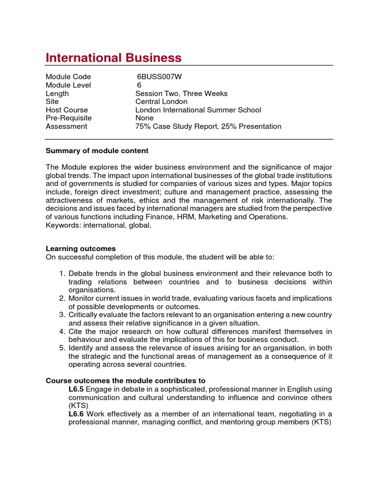 International Business: Summary of Module Content | PDF | Educational ...