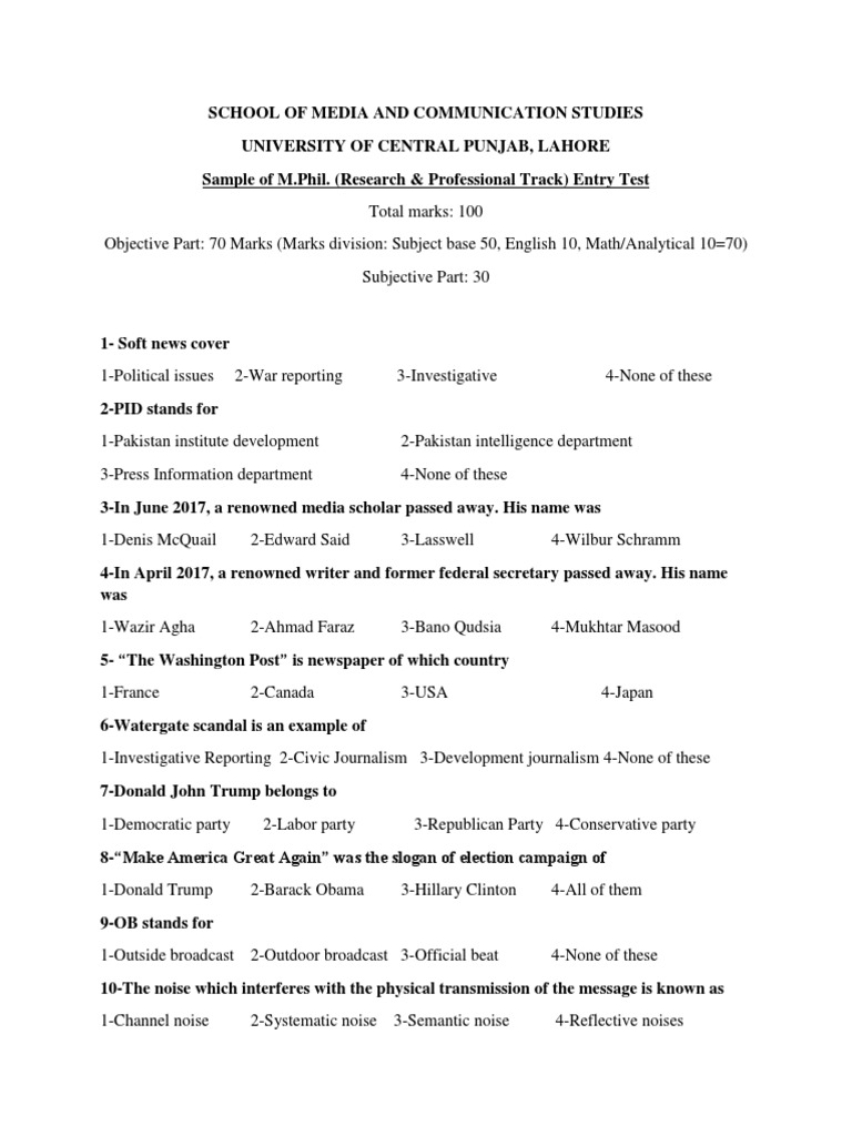 M.Phil Entry Test Sample Paper UCP | PDF | News | Mass Media