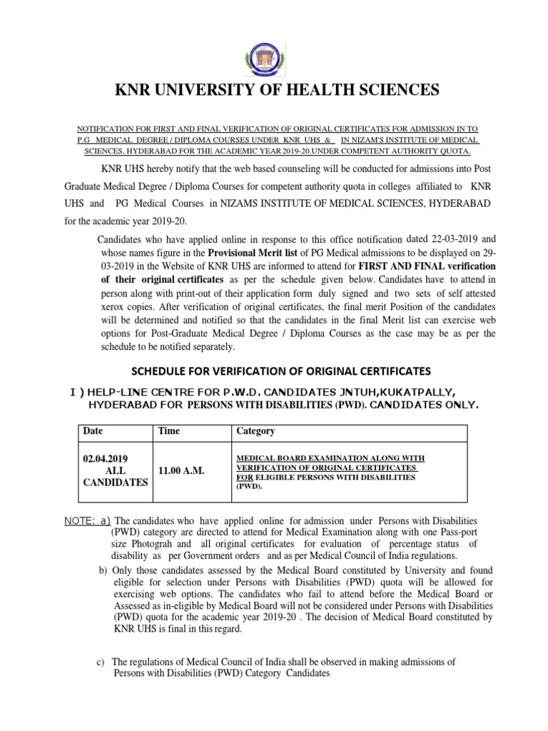 KNR University of Health Sciences: Schedule For Verification of ...
