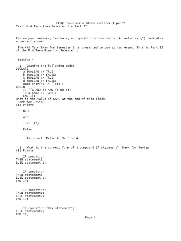 PLSQL Feedback Midterm Semister 1 Part2 PDF | PDF | Pl/Sql | Control Flow