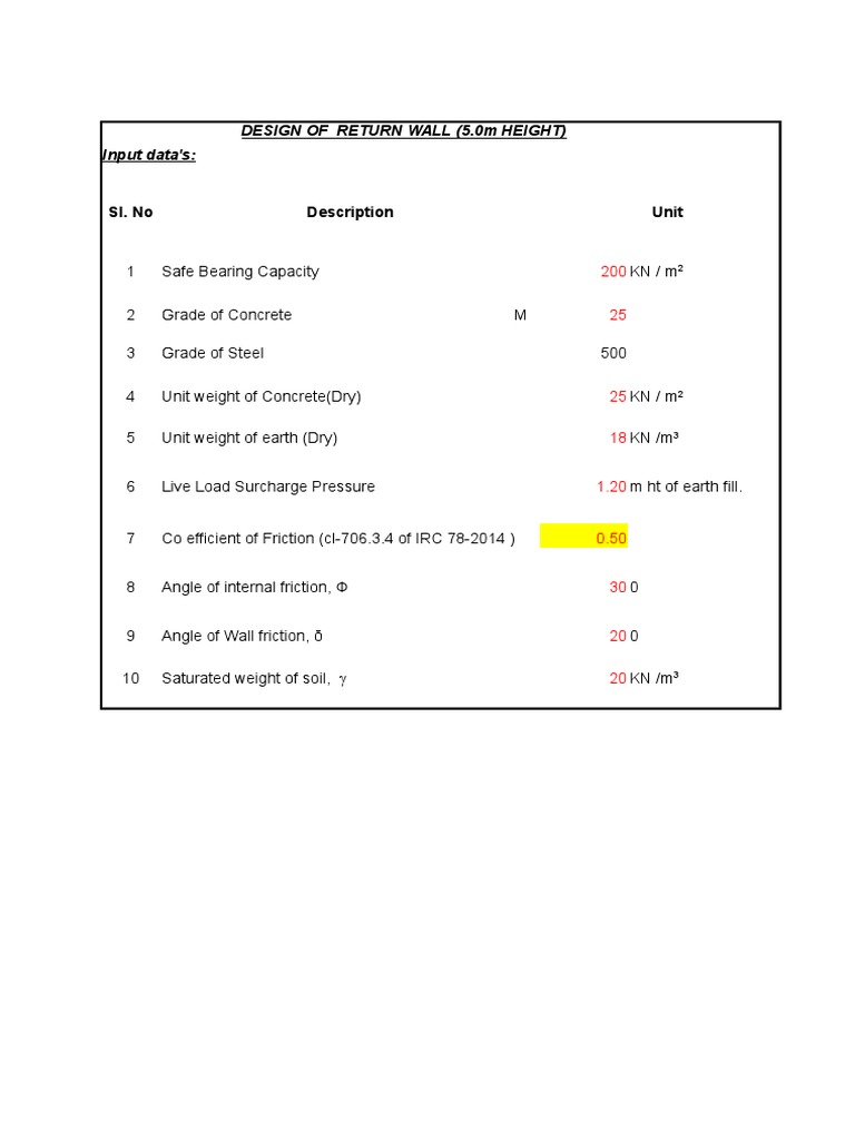 RCC Return Wall - 5.0m Height | PDF | Friction | Structural Load
