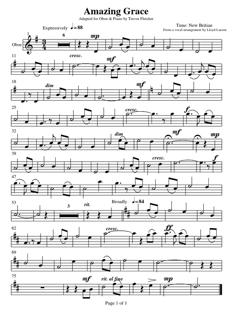 Amazing Grace (Oboe and Piano) in G With Key Changes - Oboe Part | PDF ...