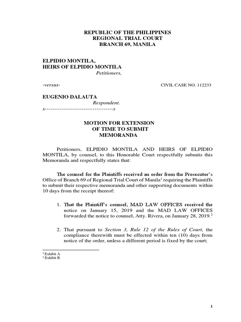 Motion For Extension To File Memoranda | PDF | Pleading | Separation Of Powers