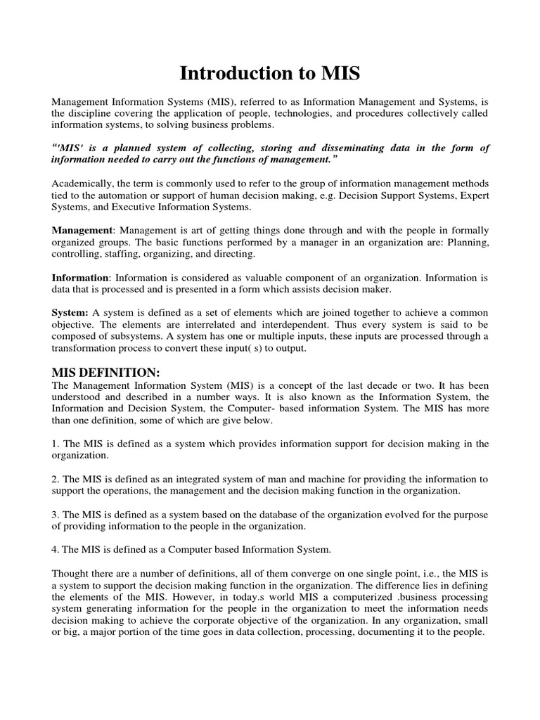 Introduction To MIS | PDF | Information System | Information