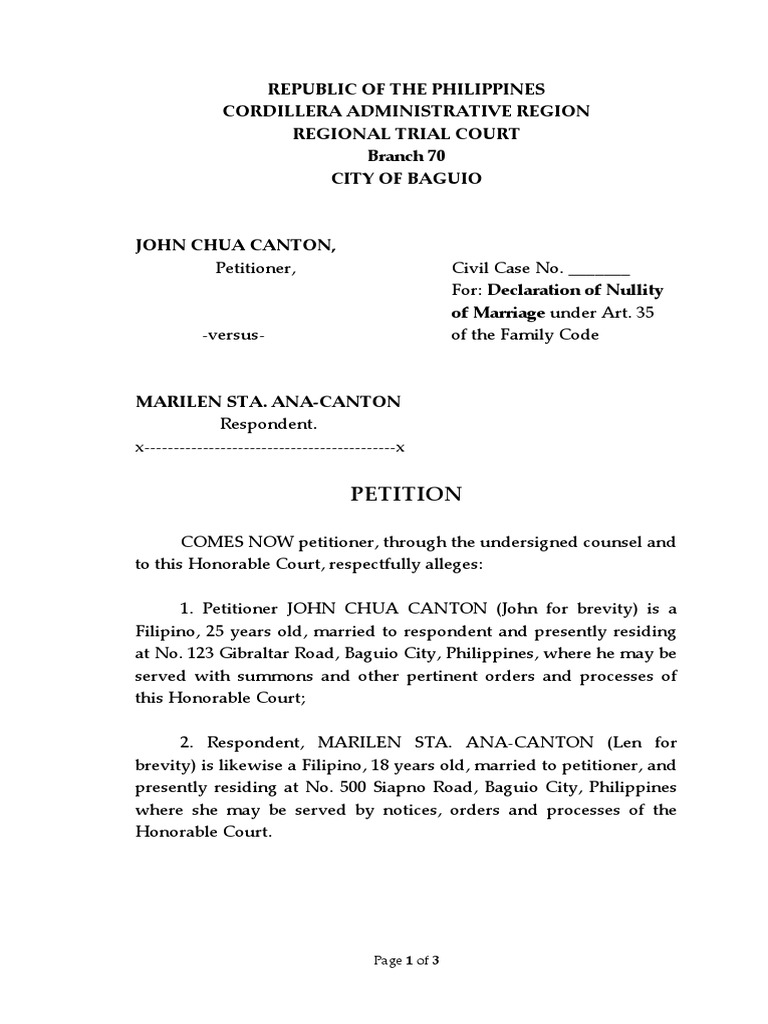 Petition For Annulment | PDF | Marriage | Public Law