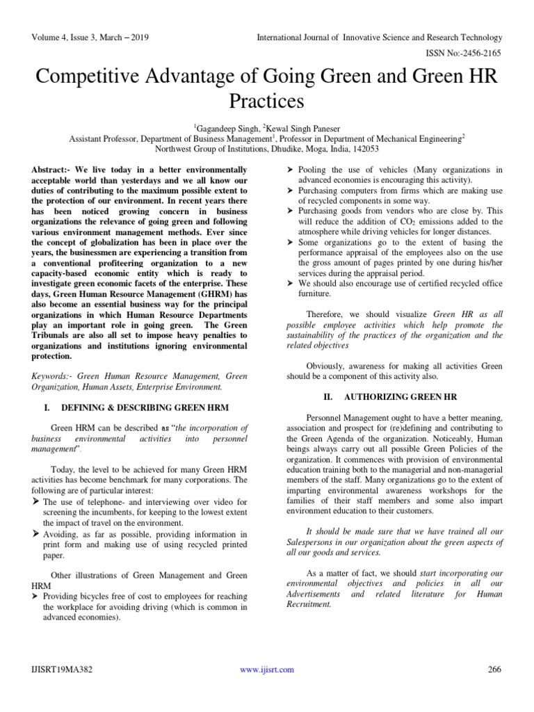 Competitive Advantage of Going Green and Green HR Practices | PDF ...