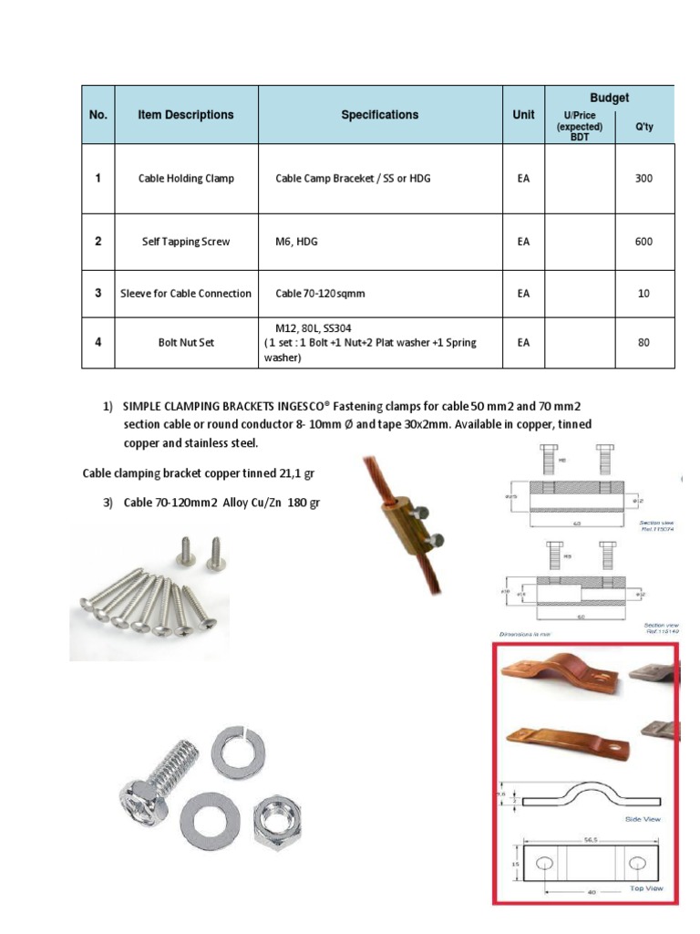 Cable Holding Clamp Cable Camp Braceket / SS or HDG EA 300: No. Item ...