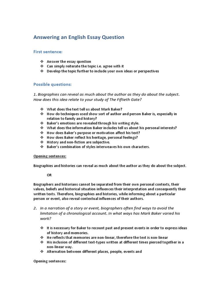 Answering An English Essay Question: First Sentence | PDF | Question ...