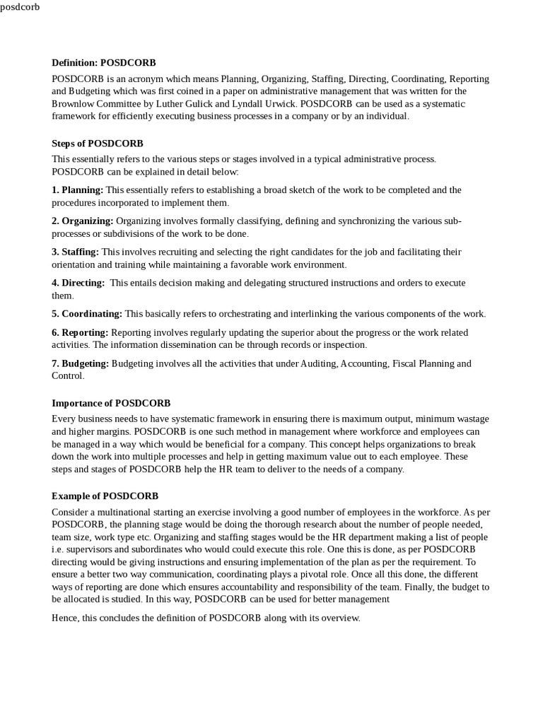 POSDCORB | PDF | Business | Labour POSDCORB | PDF | Business | Labour