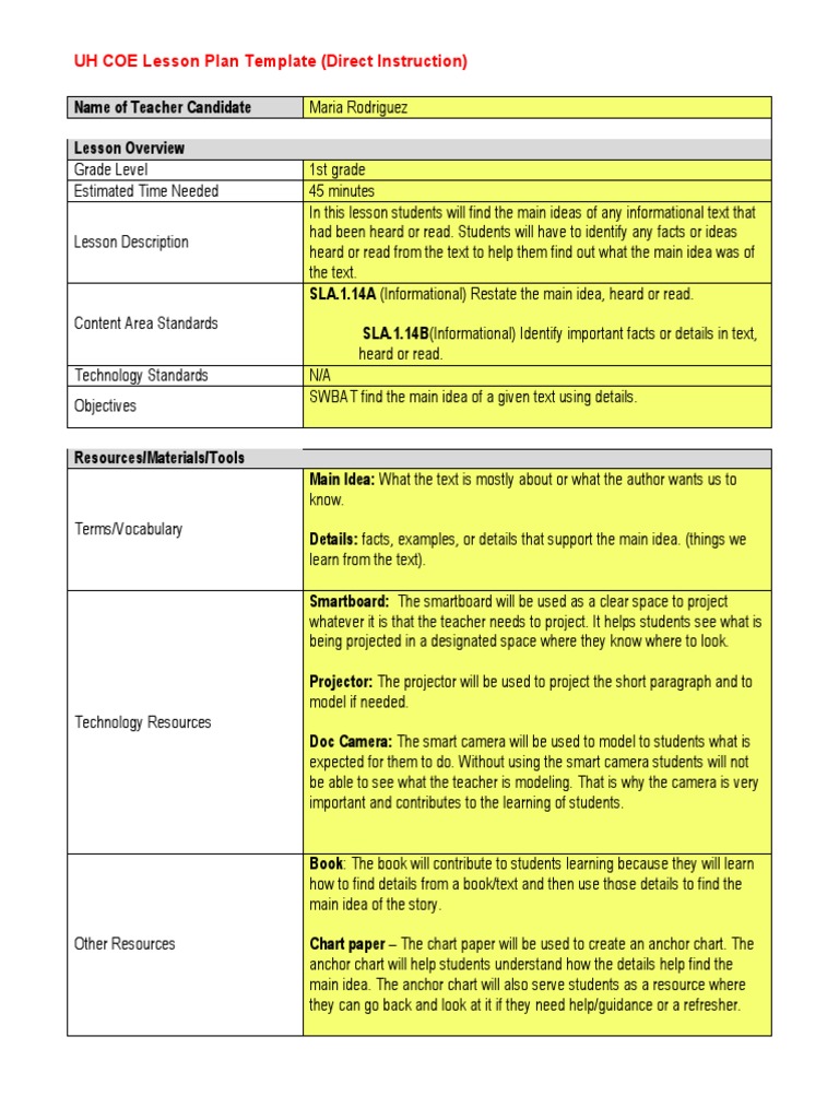 UH COE Lesson Plan Template (Direct Instruction) | PDF | Classroom ...
