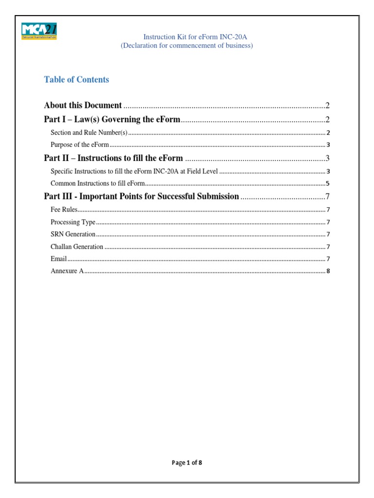Instruction Kit For Eform Inc-20A (Declaration For Commencement of ...