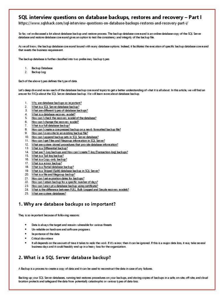 Sql Interview Questions On Database Backups Pdf Backup Microsoft Sql Server 