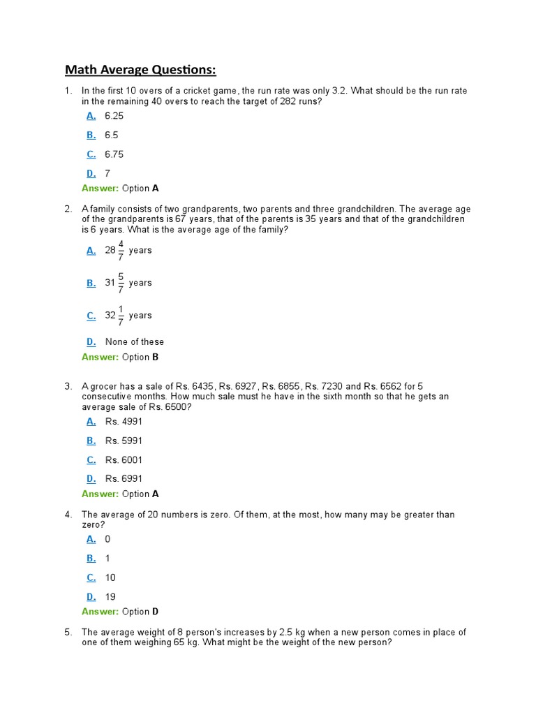 Math Average Questions | PDF