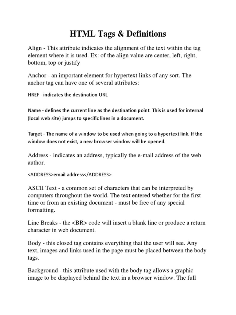 HTML Tag Definitions Guide | PDF | Html Element | Html