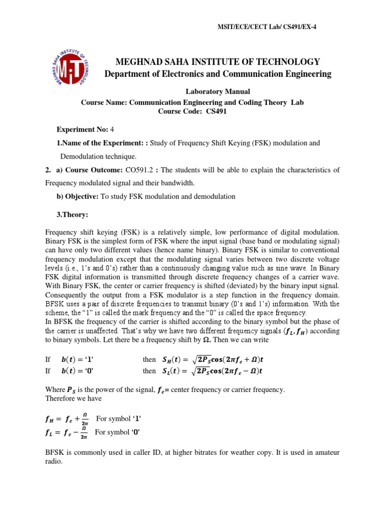 FSK Modulation and Demodulation Ex-4 | PDF | Modulation | Frequency ...