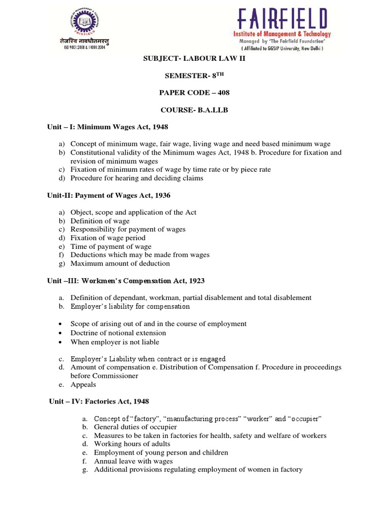 Notes Labour Law II | PDF | Living Wage | Employment
